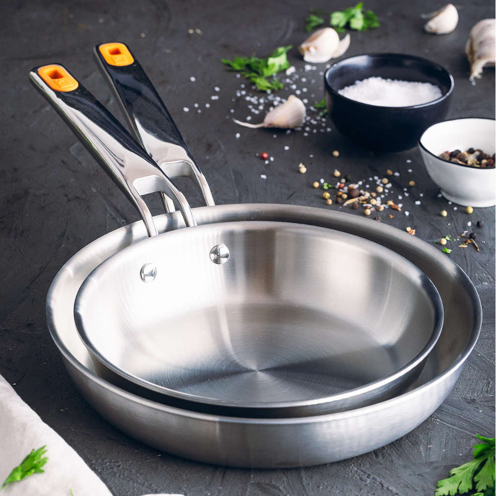 Set of 2 stainless steel frying pans without non-stick Efficient Inox ...